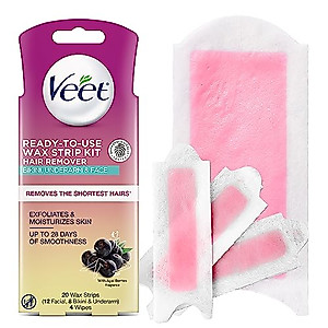 VEET Wax Strips Hair Removal Kit for Face, Underarms, Bikini, Dermatologically Tested, 20ct Wax Strips, 2 Sizes with Shea Butter & 4ct Wipes for At Home Waxing