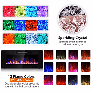 Tangkula 42 Inches Recessed Electric Fireplace, in-Wall & Wall Mounted Electric Heater with Adjustable Flame Color & Speed, Remote Control, Touch Screen, 750-1500W (42 Inches)