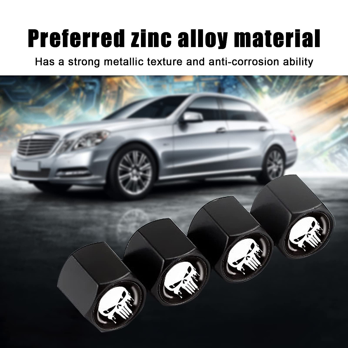Fogfar 4 Pack Car Valve Stem Caps, Skull Tire Air Valve Caps for Car, Universal Tire Wheel Rim Dust Covers (Black & White)