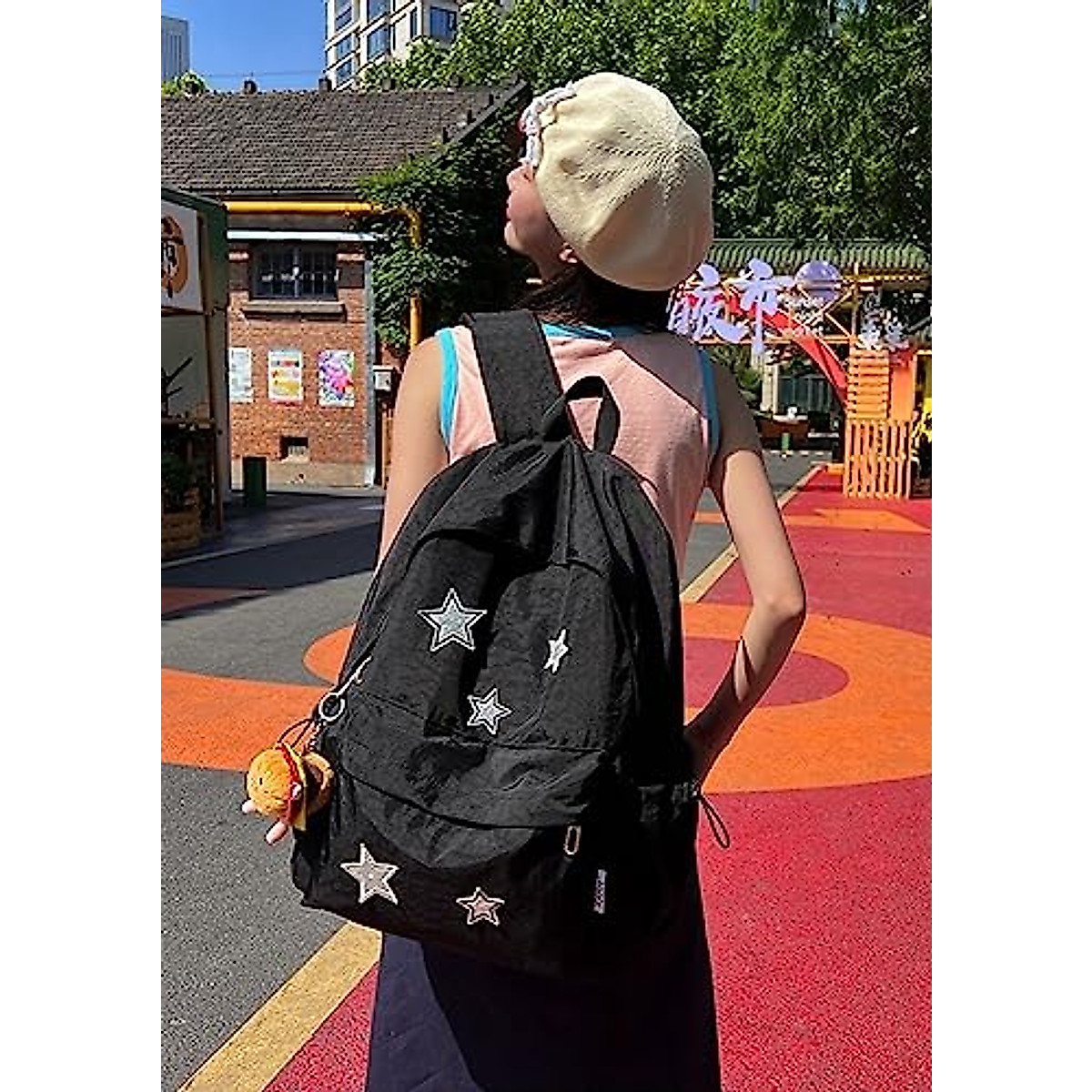 JHTPSLR Vintage Aesthetic Backpack Preppy Backpack Patches Stars Retro Stars Backpack Dark Academia Aesthetic Backpack (Black)