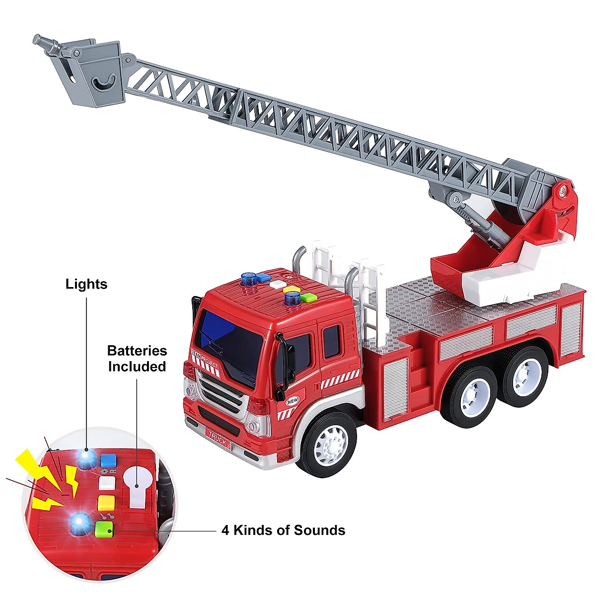 DAMEING Fire Truck Toys, Realistic Fire Engine Toys with Lights and Sounds for Kids 3-12 Year Old Boys Girls, Extending Rotating Ladder Friction Powered Vehicles for Toddler, 1:16 Scale