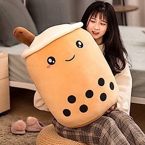 Cartoon Tea Plush Pillow,Plush Boba Figurine Toy,24/35 cm Cute Bubble Tea Cup Shaped Pillow with Suction Tubes (Pink, Large)
