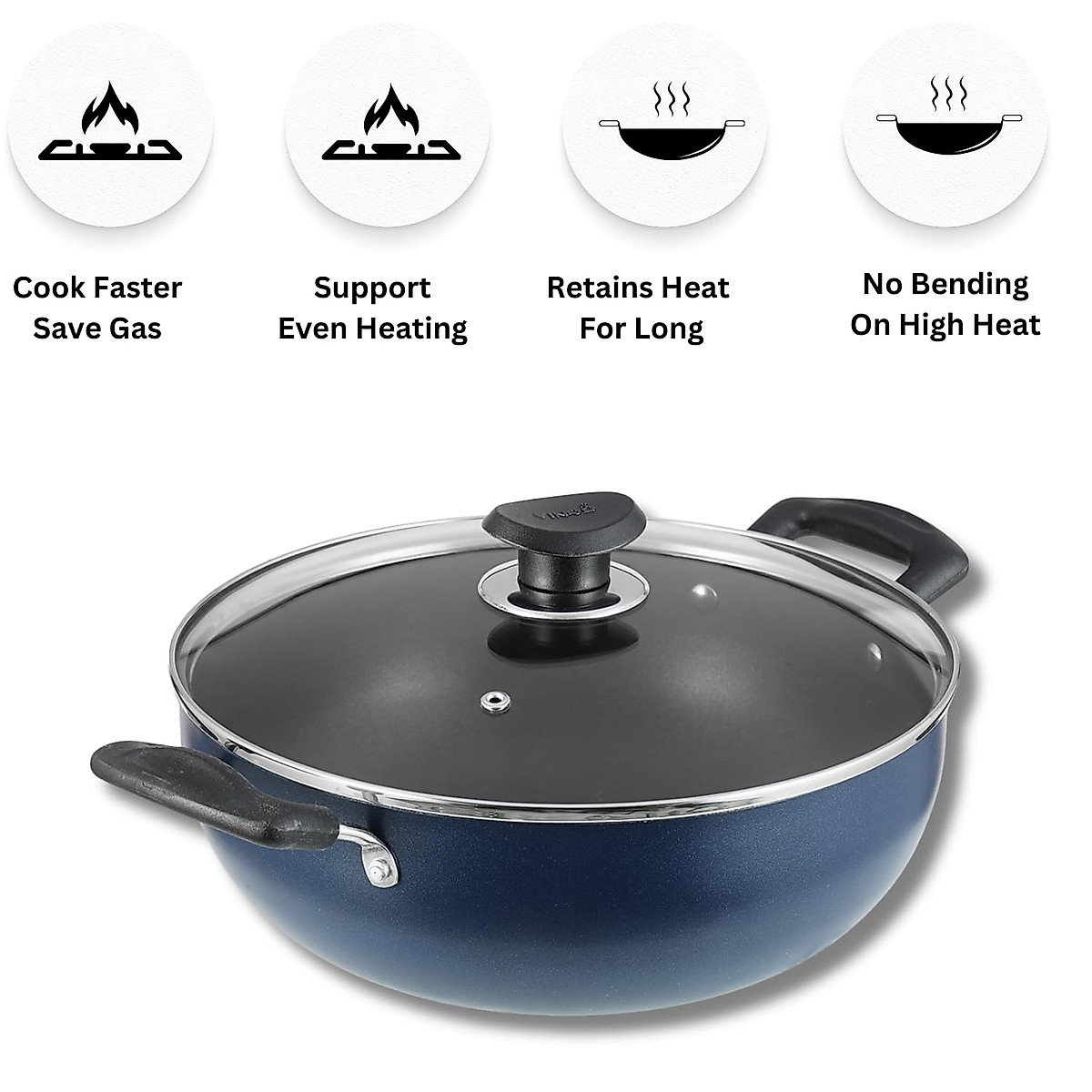 Vinod Cookware Non Stick Deep Kadai with Lid 4.1 Liters, Blue/Black, ZNKL-26