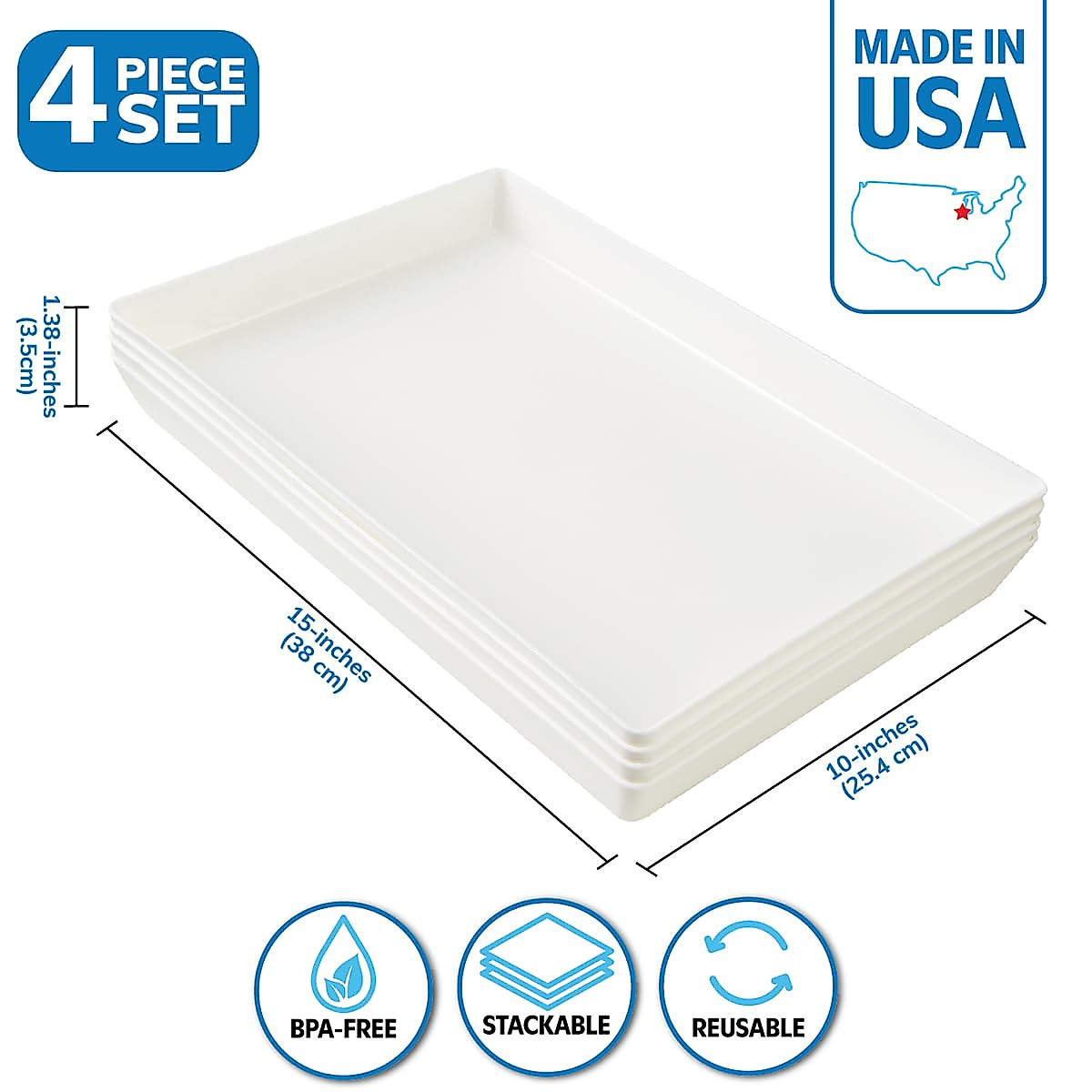 US Acrylic White Plastic Serving Trays (Set of 4) 15” x 10” | Large Unbreakable Reusable Rectangular Party Platters | Serve Appetizers, Fruit, Veggies, & Desserts | BPA-Free & Made in USA