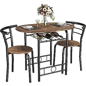 JUMMICO 3-Piece Wooden Round Table & Chair Set, Space Saving Kitchen Breakfast Nook Wood Grain Tabletop with Metal Frame and Built-in Wine Rack for Kitchen, Dining Room (Brown/Black)