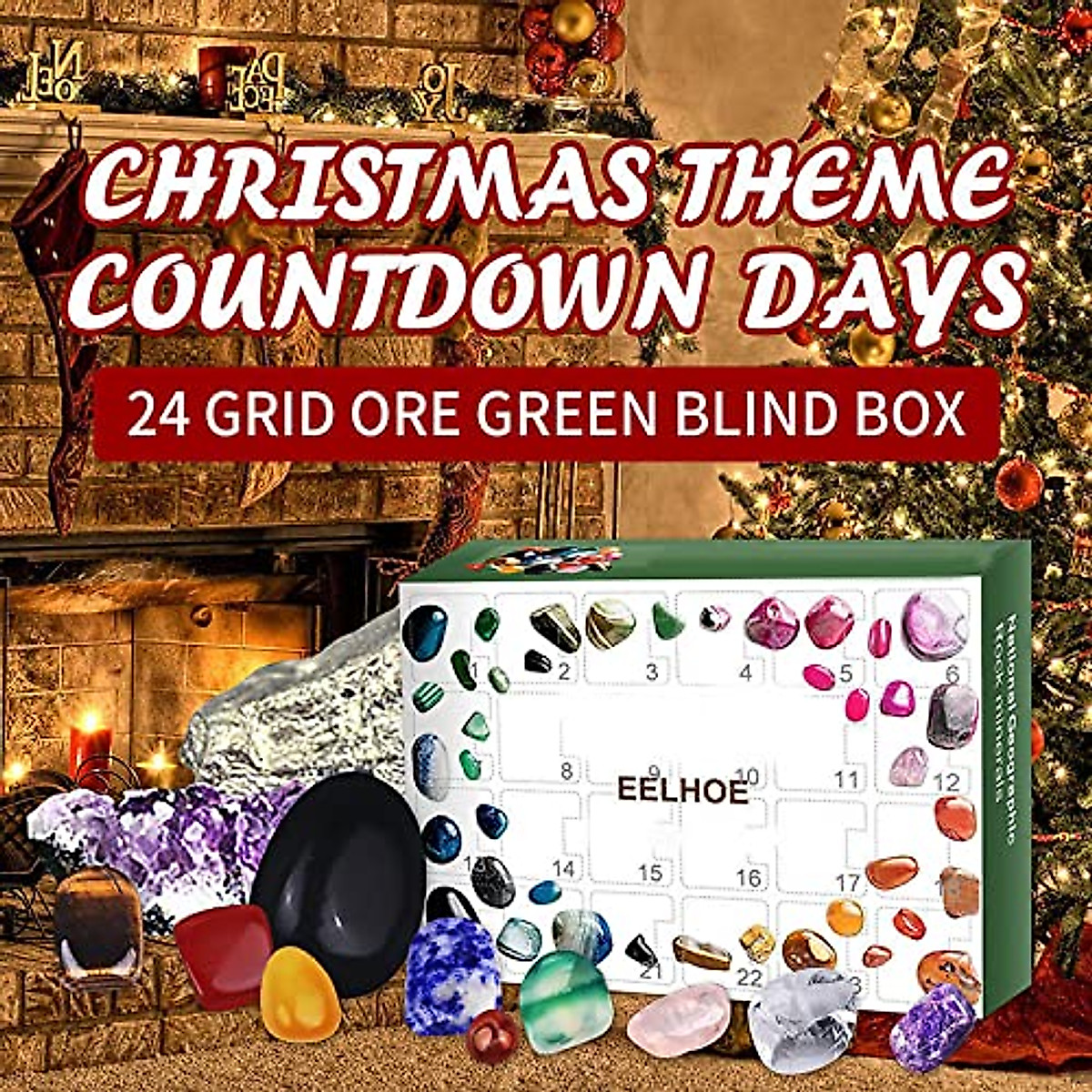 Healing Crystal Advent Calendar,Kids with Rock Collections Pebbles Polished Gravel Christmas Countdown Calendars for Christmas Home Garden Decoration, Surprise Gift Box
