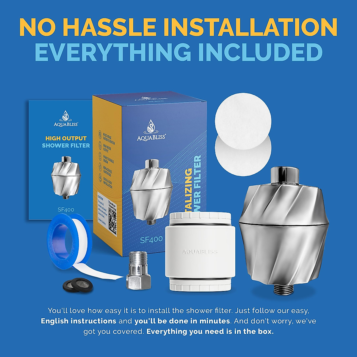 HD Revitalizing Shower Filter - AQUABLISS Latest High Output Filtration. 2x Vitamin C, Minerals for Luscious Hair, Skin & Nails - KDF/CS/VC for Less Harsh Chemicals, Chlorine, Sediment, Metals - SF400