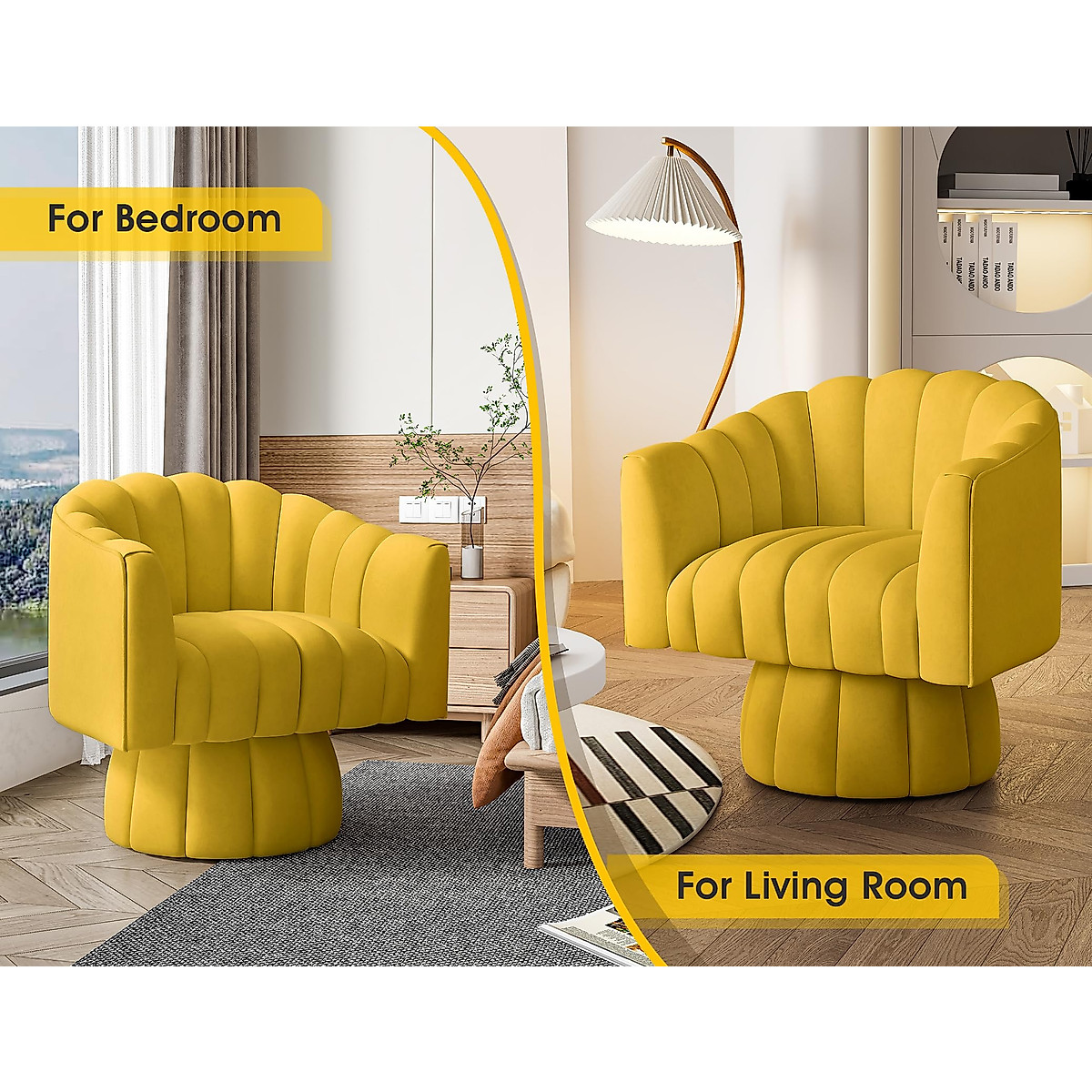 Accent Chair Mid Century 360 Degree Swivel Chair,Modern Lounge Sofa Round Barrel Chair with Wide Upholstered,Fluffy Velvet Fabric Chairs for Home Sofa Living Room/Bedroom/Waiting Room(Yellow)