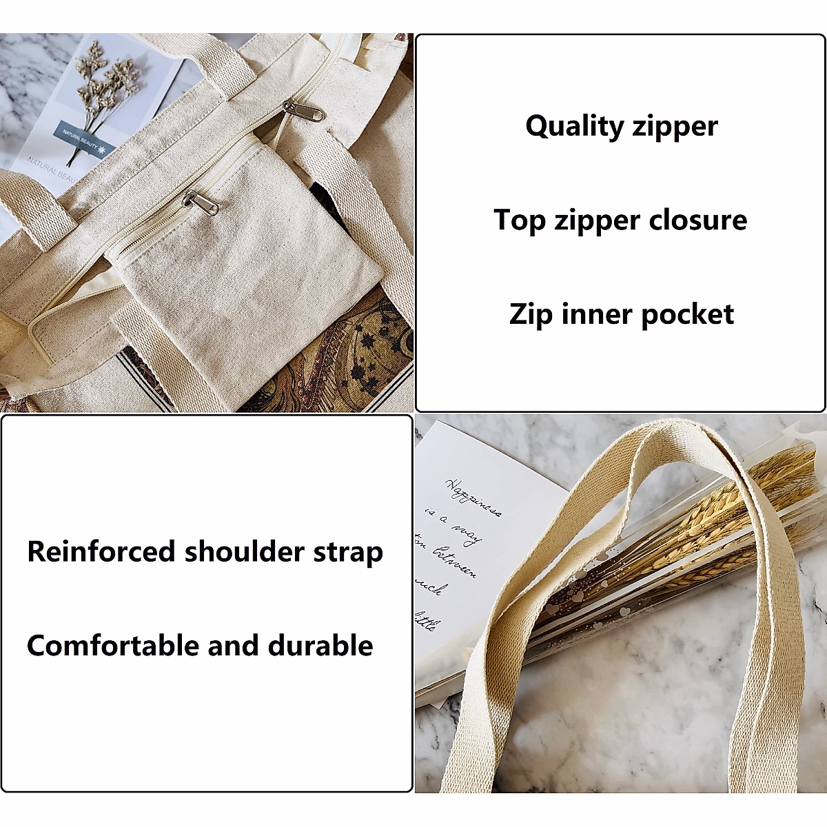 HaoHakka Tote Bag Aesthetic, Canvas Graphic Trendy Cute Tote Bags with Zipper Pockets (Alphonse Mucha) Beige