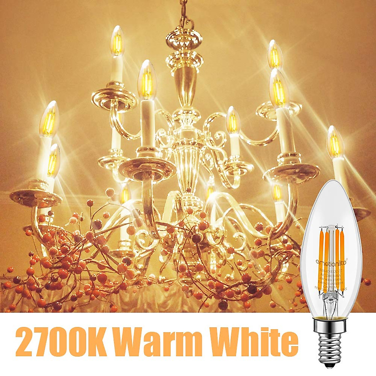 Emotionlite LED Light Bulbs, Dimmable Candelabra Bulbs, E12 Base, Warm White, Chandelier Light, Ceiling Fan Bulb, 40W Equivalent, 4W, 2700K, 350LM, UL Listed, 6 Pack