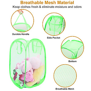 3PCS Mesh Laundry Pop-Up Hampers ，Foldable Clothes Washing Laundry Basket Bins ，Handles Kids’ Garments Hamper， for Storage Room ，Kids Toys， College Dorm ，Home Organization Travel Use (Green)