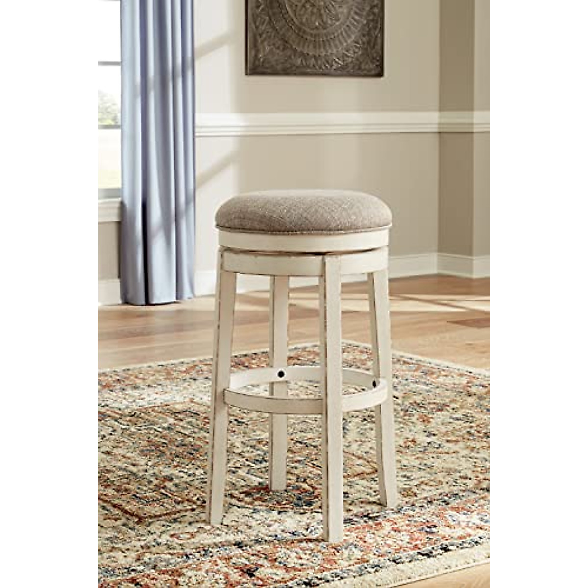 Signature Design by Ashley Realyn French Country Upholstered Swivel Bar Height Bar Stool with Foam Cushioned Seat, White & Beige