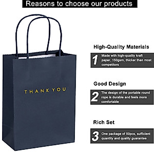 driew Thank You Gift Bags 50 Pack, 5.9 x 3.1 x 8.3'' Navy Blue Paper Bags with Handles for Retail, Wedding,Party, Shopping