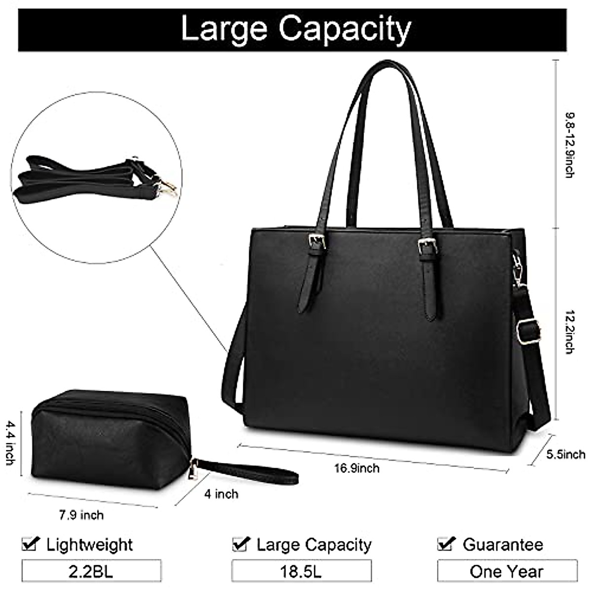 Laptop Bag for Women Waterproof Lightweight Leather 15.6 Inch Computer Tote Bag Business Office Briefcase Large Capacity Handbag Shoulder Bag Professional Office Work Bag Purse 2pcs Set, Black