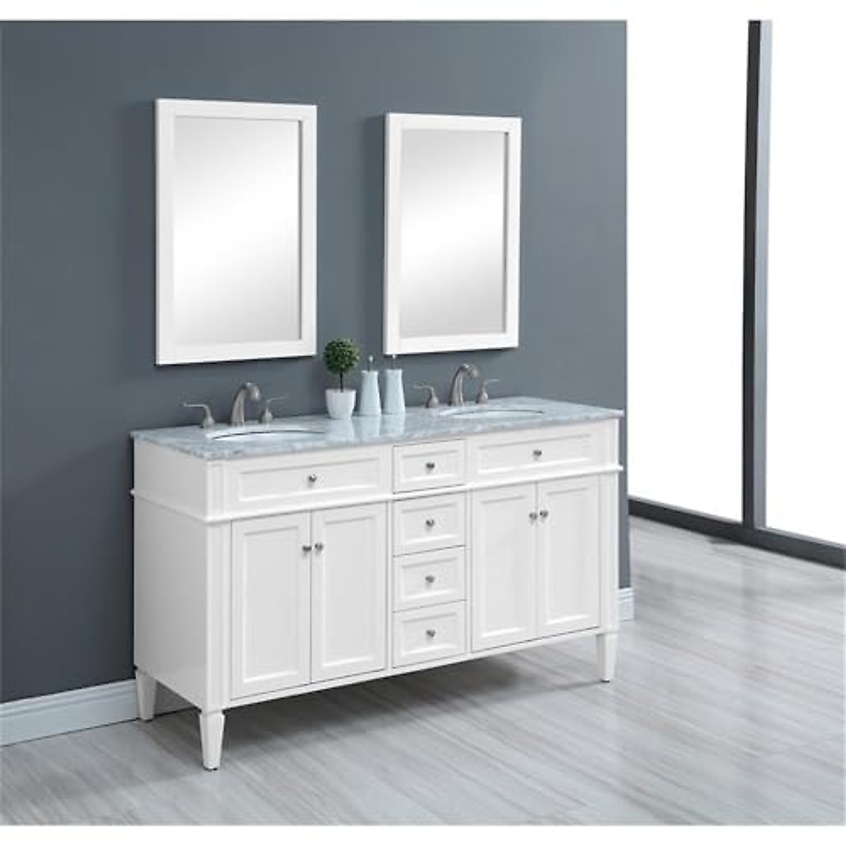Elegant Kitchen and Bath 60 inch Double Bathroom Vanity Cabinet Set with White Marble Countertop - White