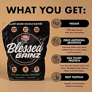 BLESSED Gainz Vegan Protein Powder Mass Gainer - 40g Plant Based Protein Powder - Meal Replacement Shake with Pea Protein Powder - Vegan Protein Shake - 40 Servings (Peanut Butter)