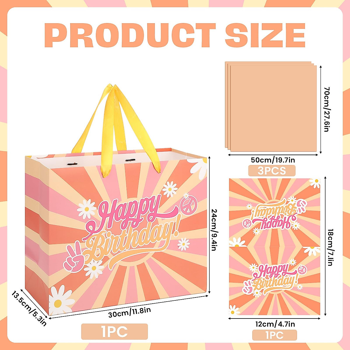 Large Groovy Happy Birthday Gift Bag with Card and Tissue Paper Boho Hippie Birthday Party Favors Daisy Flower Birthday Gift Wrap Bag with Handles for Retro Birthday Baby Shower Party Supplies
