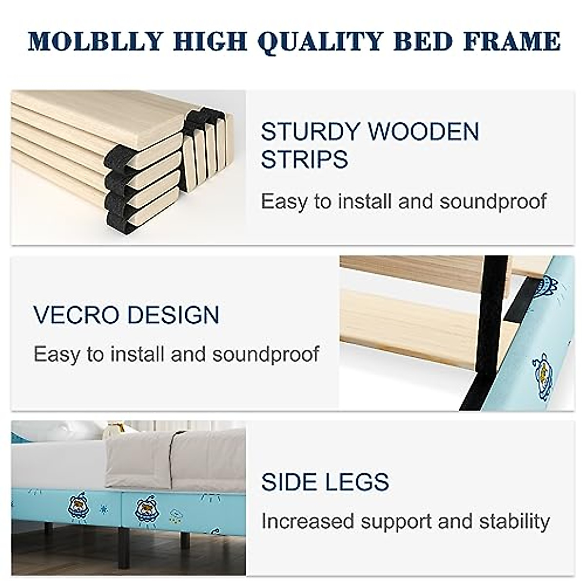 Molblly Twin Bed Frame Upholstered Platform with Headboard and Strong Wooden Slats, Strong Weight Capacity, Non-Slip and Noise-Free,No Box Spring Needed, Easy Assembly,Light Blue