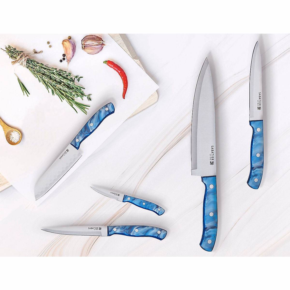 Sabatier 6- Piece Triple Rivet Stainless Steel Kitchen Knife Set, Razor-Sharp Kitchen Knife to Cut Fruit, Vegetables and more, High-Carbon Stainless Steel, Blue Acrylic Handles