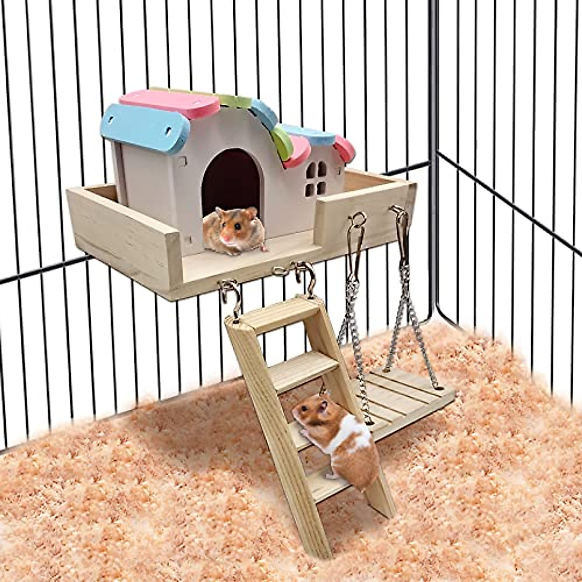 Hamster Platform with Ladder,Wooden House Hut Hideout Swing Rat Playground Activity Set with Climbing Ladders Play Toys for Mouse,Gerbil, Small Animals