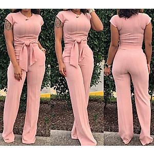 Women 2 Piece Outfits Summer Two Piece Pants Sets Sexy Tie Front Crop Top Wide Leg Casual Ribbed Outfit Pink Large