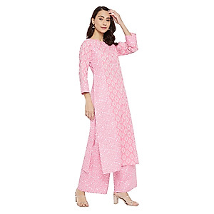 Tissu Women's Cotton Pink Floral Printed Straight Kurta with Palazzo (Tis-609_Pink_S)