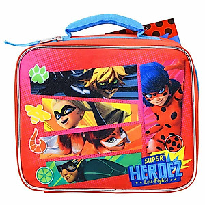 Miraculous Ladybug Lunch Bag - Red Rectangle Lunch Bag for Boys and Girls with Handle, Kids Lunch Bag for School with Ladybug, Cat Noir, Queen Bee, Carapace, Rena Rouge