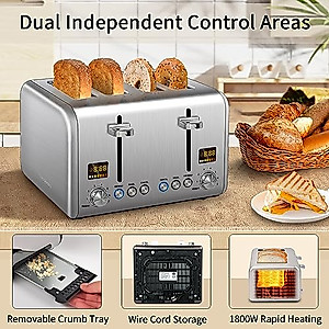 SEEDEEM 4 Slice Toaster, Stainless Bread Toaster Color LCD Display, 7 Bread Shade Settings, 1.5'' Wide Slots Toaster with Bagel/Defrost/Reheat Functions, Removable Crumb Tray, Silver Metallic, 1800W