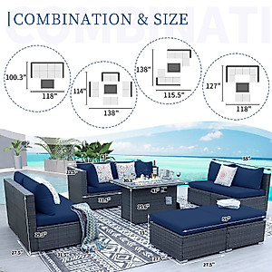 NICESOUL® Large 9 Piece Outdoor Patio Furniture Set with Fire Pit Table,29.3'' High Back Rattan Modular Sectional Sofa Set with Natural Gas/Propane Firepit Navy,2 Colors Cushions