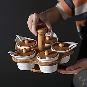 Ceramic Condiment Jar Pots 5 pcs Set durable Round Shape Seasoning Jar with Holder,Spoon and Bamboo Lids for Home Kitchen