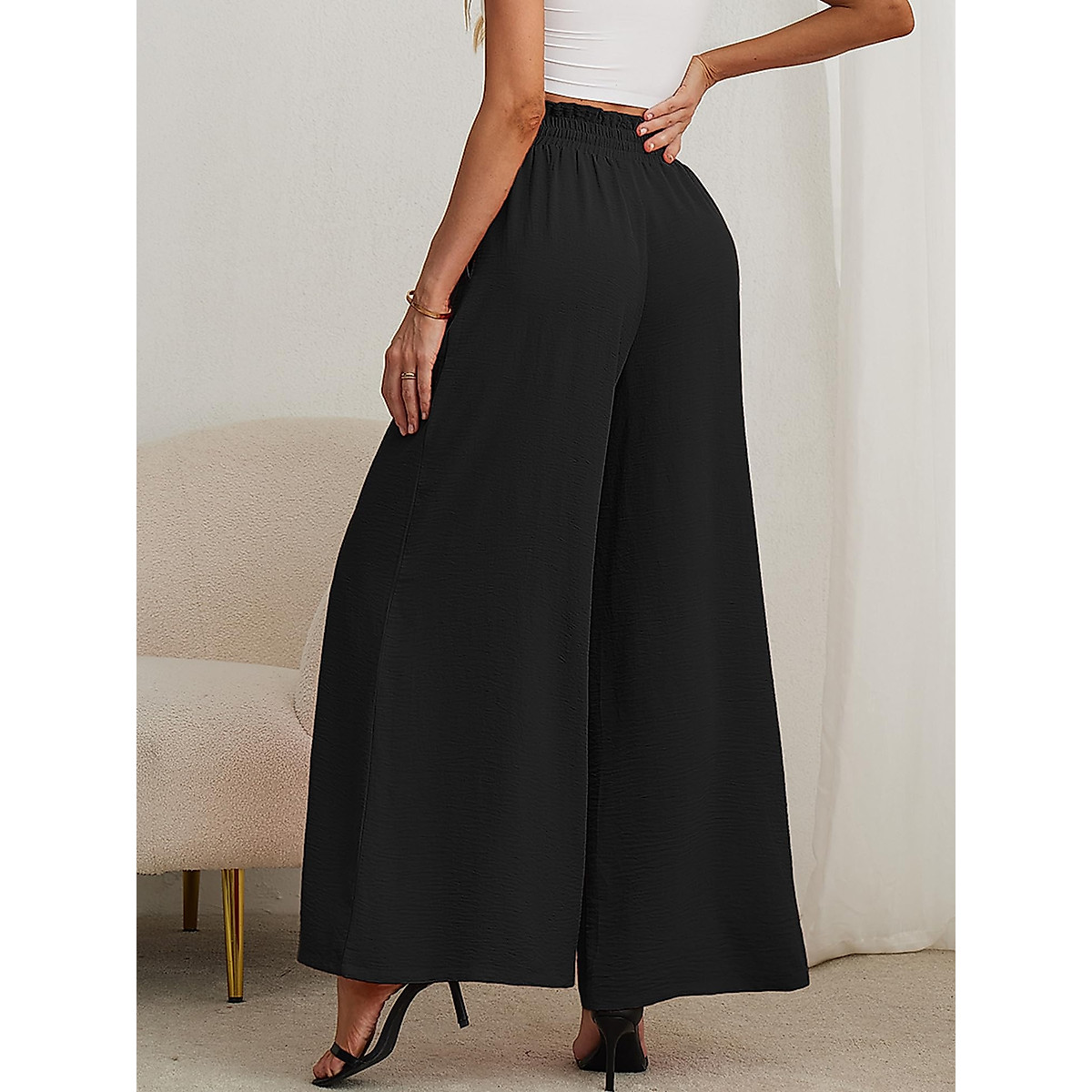 AusLook Women's Wide Leg Dress Pants with Pockets Black XX-Large Lightweight Elastic High Waisted Adjustable Tie Knot Flowy Loose Slacks Lounge Casual Ladies Beach Pleated Trousers