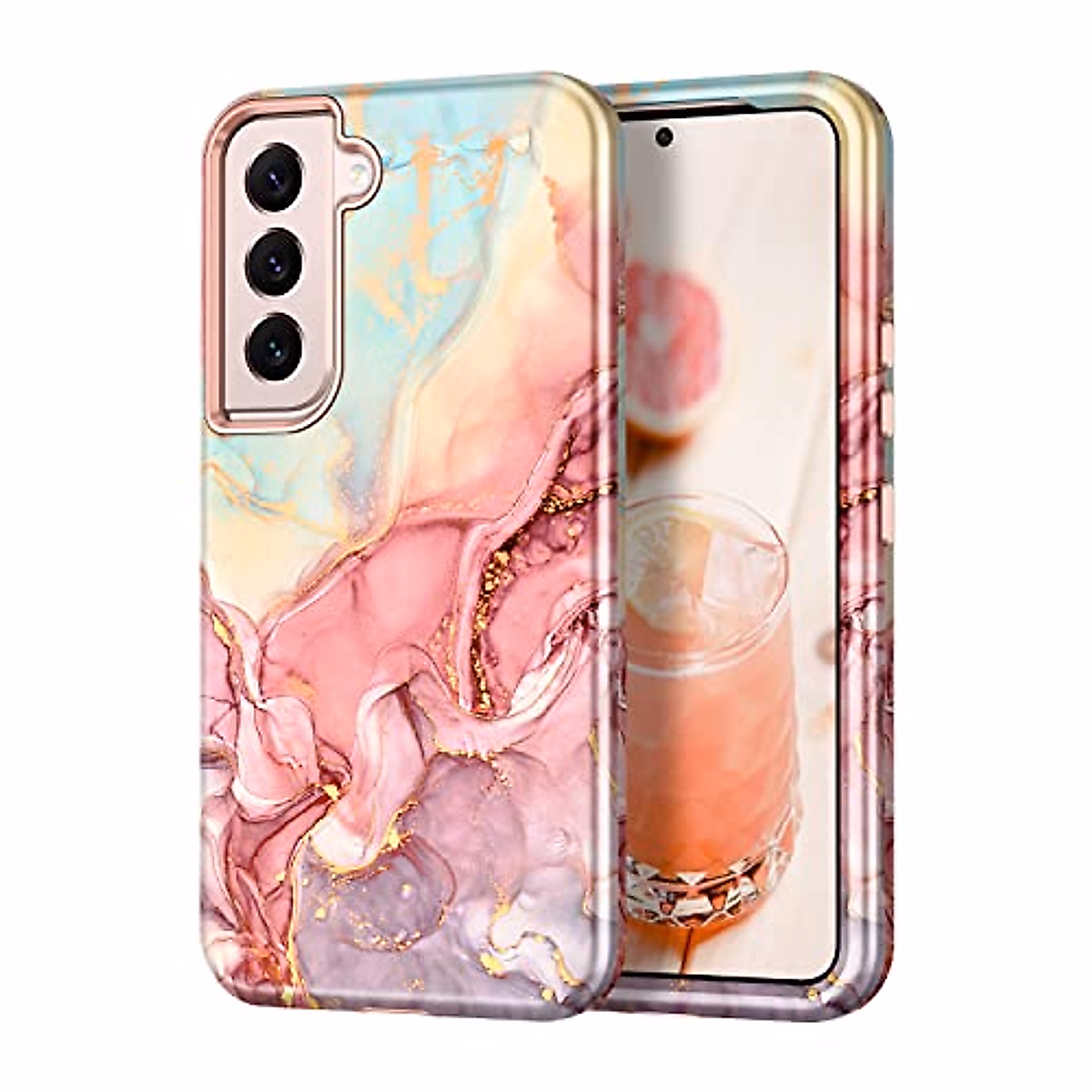 Btscase for Samsung Galaxy S22 5G 6.1 Inch Case,Marble Pattern 3 in 1 Heavy Duty Shockproof Full Body Rugged Hard PC+Soft Silicone Drop Protective Women Girl Cover, Rose Gold