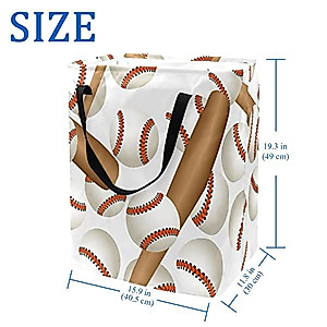Baseball Bat and Balls Sport Pattern Print Collapsible Laundry Hamper, 60L Waterproof Laundry Baskets Washing Bin Clothes Toys Storage for Dorm Bathroom Bedroom