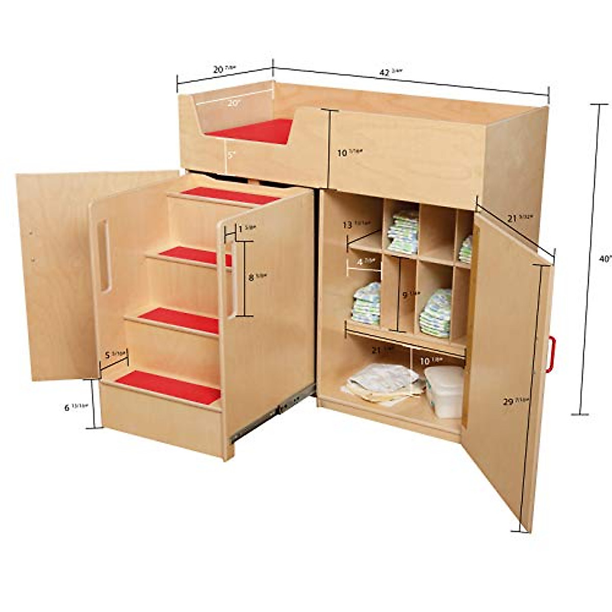 Wood Designs Toddler Changing Table with Step Stool and Safety Strap for Nursery, Baby Diaper Changing Station with Red Cushion, Greengaurd Gold Certified