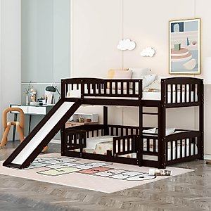 Harper & Bright Designs Low Kids Bunk Bed with Slide, Twin Over Twin Bunk Bed Frame with Fence, Ladder, Safety Guardrail, Wood Bunk Bed with Fun Small Door for Toddler Kids Teens (Espresso)