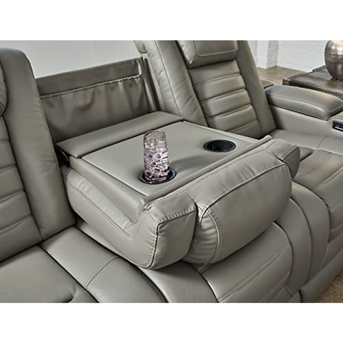 Signature Design by Ashley Backtrack Contemporary Tufted Leather Power Reclining Sofa with Adjustable Headrest, Light Gray