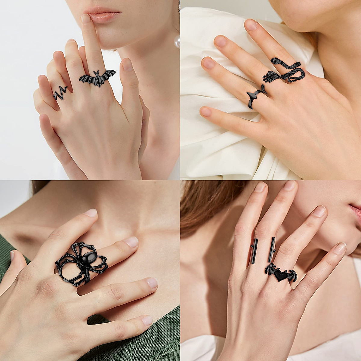 Sanfenly Silver Black Gothic Rings for Women Men Cool Butterfly Chain Snake Bat Spider Claw Punk Rings Pack Adjustable Big Thick Chunky Rings Alt Emo Y2k Rings Set Open Knuckle Stacking Rings Gothic