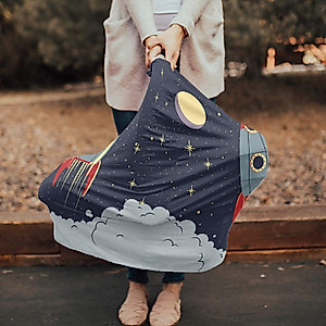 Car Seat Canopy Nursy Cover - Space Theme Cute Cartoon Rocket Moon and Stars Pattern - Multi Use Breastfeeding Scarf for Women, Baby Stroller Cover Shopping Cart Pad Breastfeeding Towel