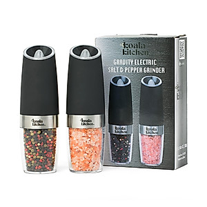 The Koala Kitchen Co. Gravity Electric Salt and Pepper Grinder Set - Stainless Steel Salt and Pepper Shakers Adjustable Coarseness - Blue Light Battery Operated Salt and Pepper Mills, 2 Pack (Black)