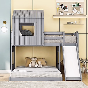 Harper & Bright Designs Twin Over Full Bunk Beds with House Shape, House Bunk Bed with Roof, Window & Slide, Twin Over Full Farmhouse Bed Frame for Kids Girls Boys Teens (Grey)