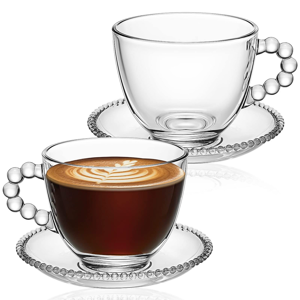 8 oz Glass Tea Cups and Saucer Set, Clear Tea Cups Set Clear Coffee Cups with Handles for Latte, Cappuccino, Mocha, Hot Chocolate, Tea, Juice, Hot or Iced Beverage, Cute Bead Design (2 Set)