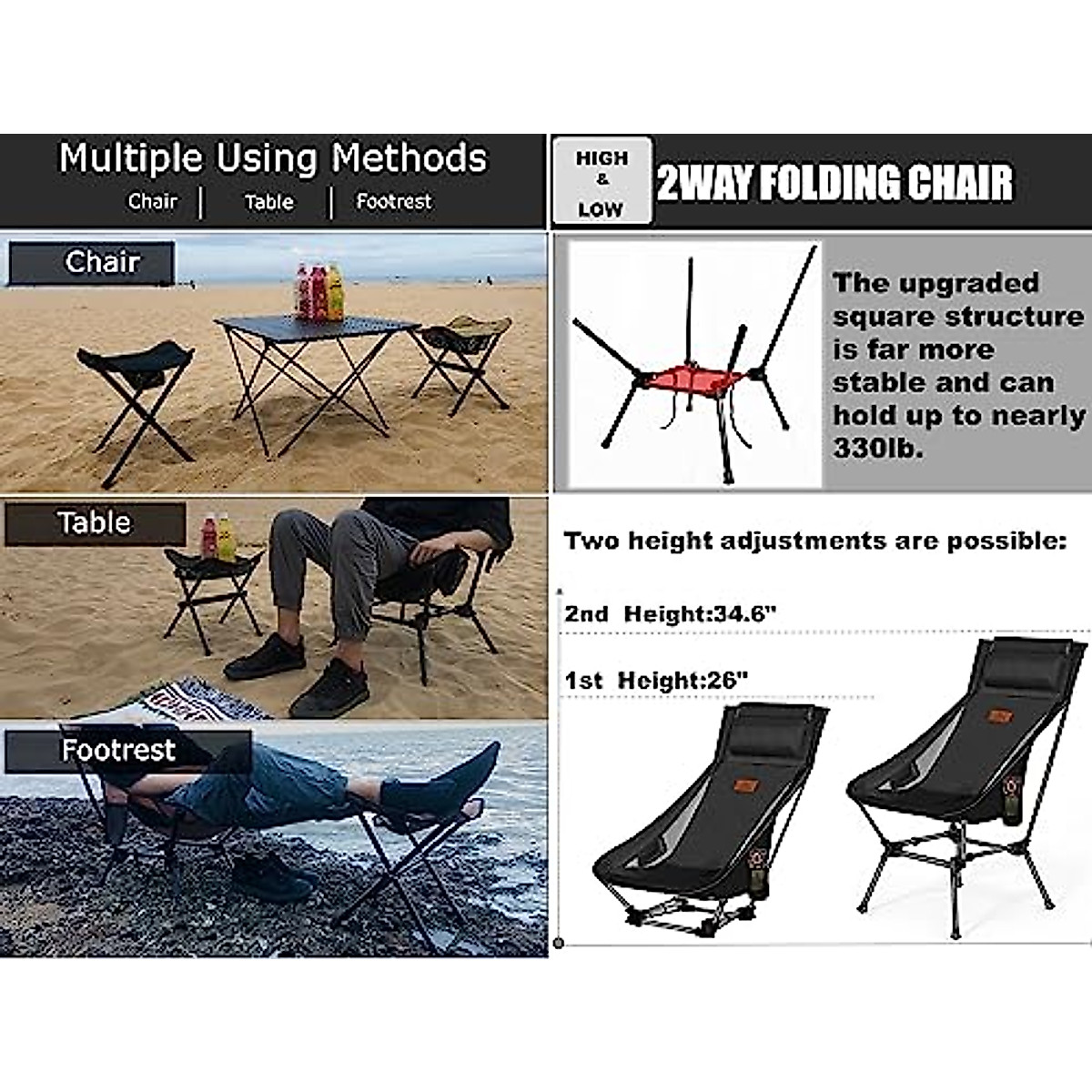 AnYoker Camping Chair, 2 Way Compact Backpacking Chair, Portable Folding Chair, Beach Chair with Side Pocket, headrest and Foot Rest, Lightweight Hiking Chair 01666 （Black）
