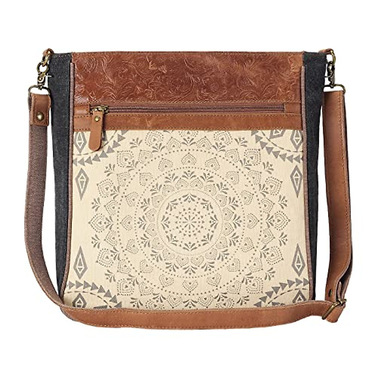 ANNGOTI Canvas & Cowhide Shoulder Bag for Women, Vintage Style with Genuine Leather, Handmade Print Crossbody Bag with Zipper Top & Adjustable Strap