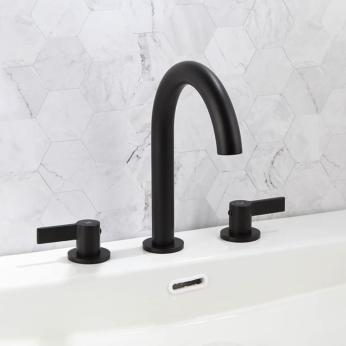 POP SANITARYWARE Matte Black Bathroom Faucet 8 Inches Widespread Bathroom Faucet 3 Hole Bathroom Faucet 2 Handle Bathroom Sink Faucet Brass with Supply Hoses