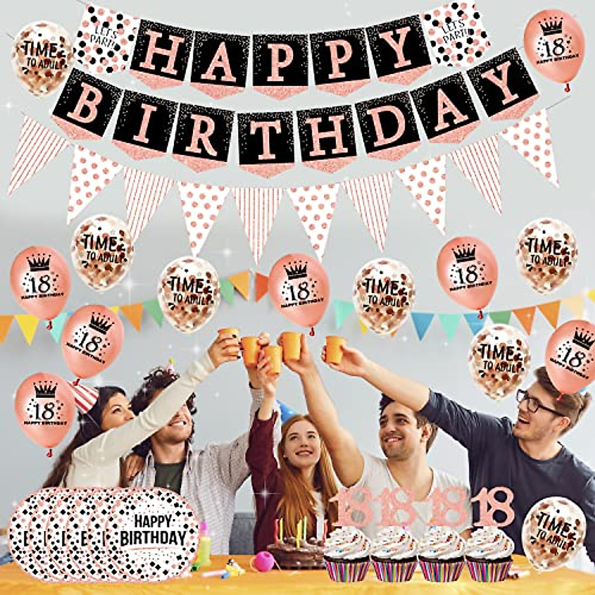 18th birthday decorations for girls - (76pack) rose gold party Banner, Pennant, Hanging Swirl, birthday Balloons, Foil Backdrops, cupcake Topper, plates, Photo Props,Sash,happy 18th Birthday gifts