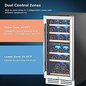 COSTWAY 15 5-Inch, 30-Bottle Cellar with Lock, Glass Door, Memory Temp Control, Freestanding & Built-in Mini Fridge for Bar Kitchen Home Wine Cooler Refrigerator, 15 Inch Dual Zone, Black