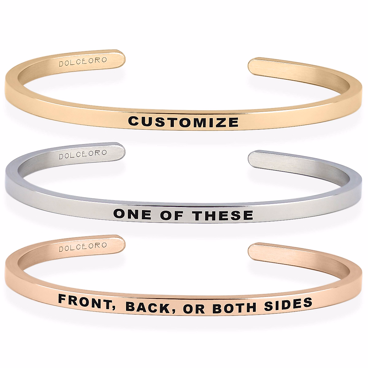 Dolceoro Personalized Mantra Cuff Bracelet Jewelry - Customize Outside 3mm Wide, Shiny 316L Surgical Steel