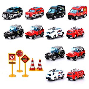 haomsj 17PCS Mini Police Car Toys for Boys 3-5 Die Cast Metal Toy Police Car Set Fire Trucks Including 5 Road Signs Kid Birthday Party Gift Police Party Decorations Police Toys