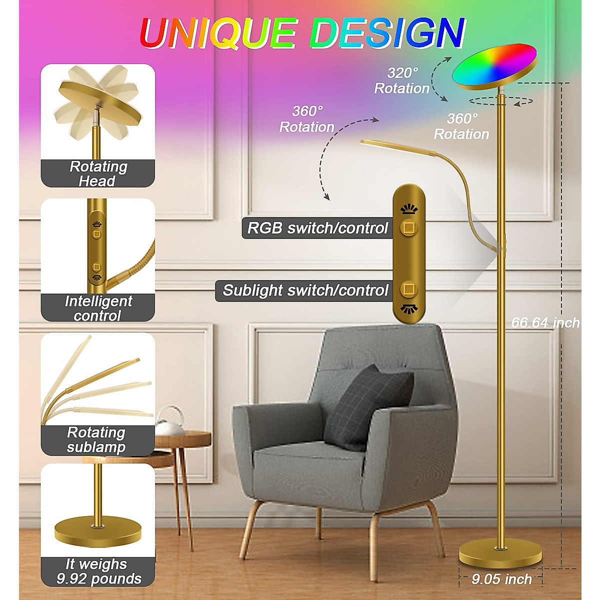Hyskostar Gold Floor lamp,Top Sky Light and Side Reading Lamp,RGB LED Modern Super Bright Floor Lamps-Tall Standing Pole Light with Remote & Touch Control for Living Room,Bed Room,Office
