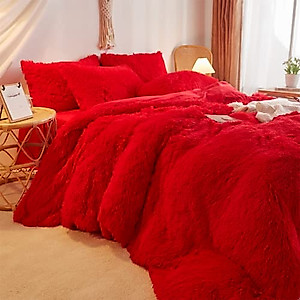HAIHUA Fluffy red Comforter Cover Set Queen，Faux Fur red Bedding 3 Pieces(1 Plush Queen Duvet Cover +2 Faux Fur Pillowcases) Faux Fur red Bed Set (red, Queen)